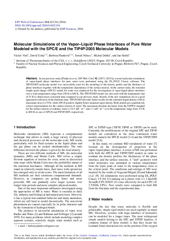 (PDF) Molecular Simulations of the Vapor–Liquid Phase Interfaces of ...