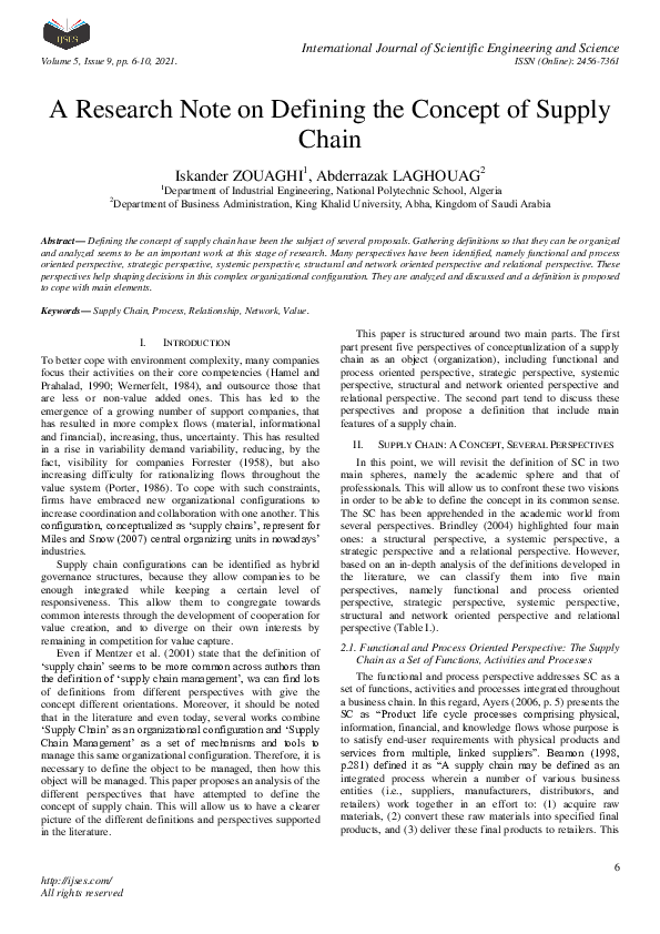 (PDF) A Research Note on Defining the Concept of Supply Chain