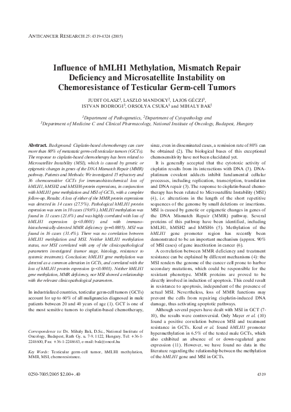 (PDF) Influence of hMLH1 methylation, mismatch repair deficiency and ...