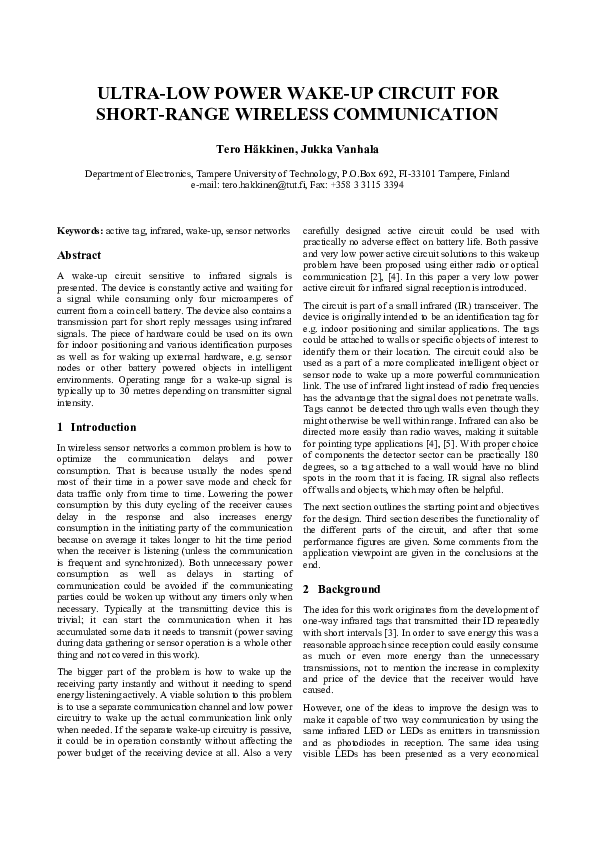 (PDF) Ultra-low power wake-up circuit for short-range wireless communication