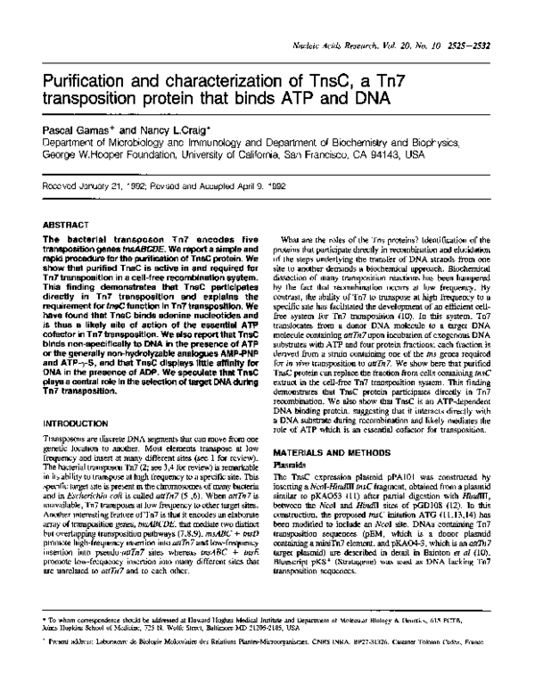 (PDF) Purification and characterization of TnsC, a Tn7 transposition ...