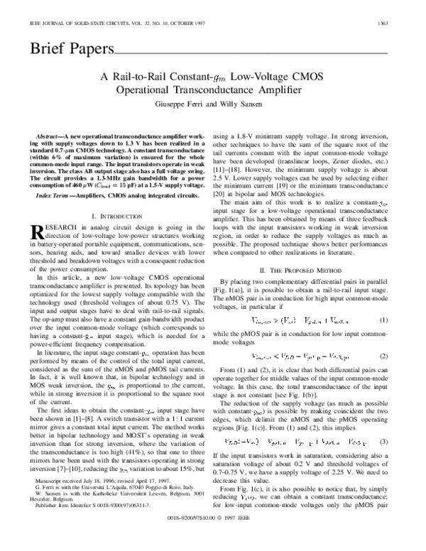 (PDF) A rail-to-rail constant-g/sub m/ low-voltage CMOS operational transconductance amplifier