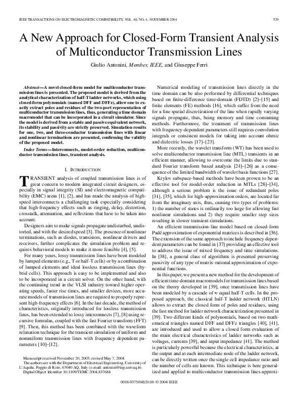 (PDF) A New Approach for Closed-Form Transient Analysis of Multiconductor Transmission Lines