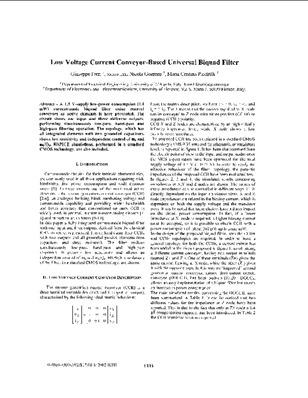 (PDF) Low voltage current conveyor-based universal biquad filter