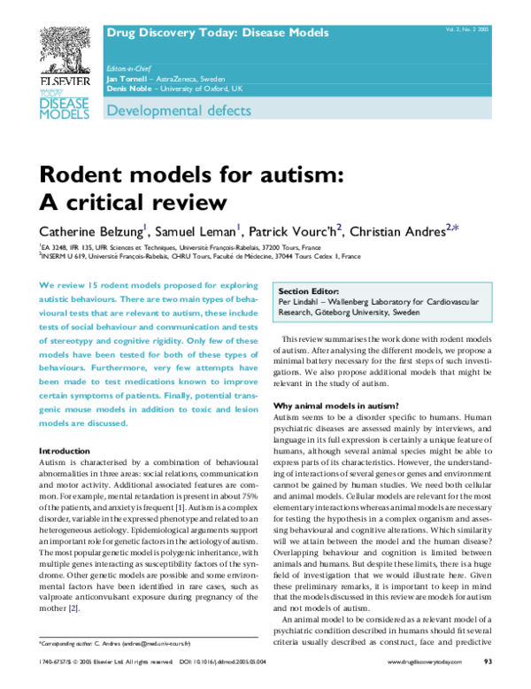(PDF) Rodent models for autism: A critical review
