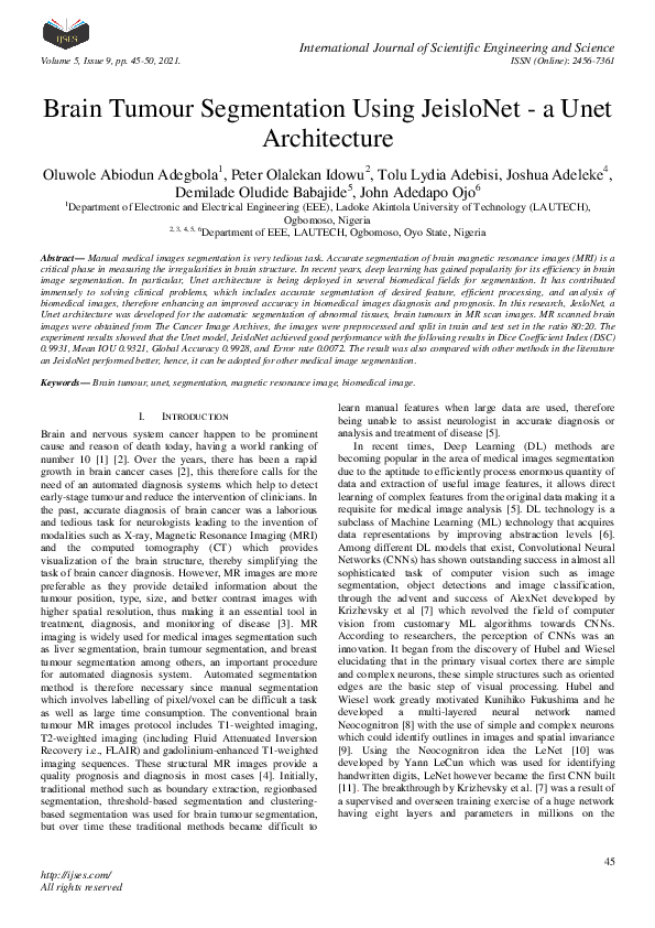 (PDF) Brain Tumour Segmentation Using JeisloNet -a Unet Architecture
