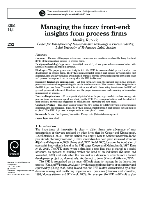 (PDF) Managing the fuzzy front‐end: insights from process firms