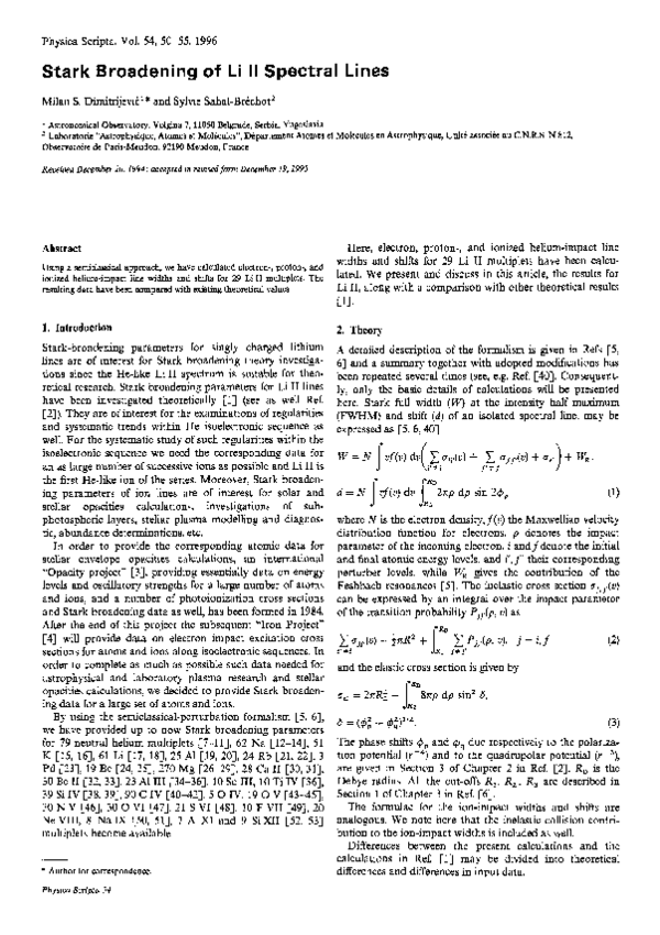 (PDF) Stark broadening of Li II spectral lines