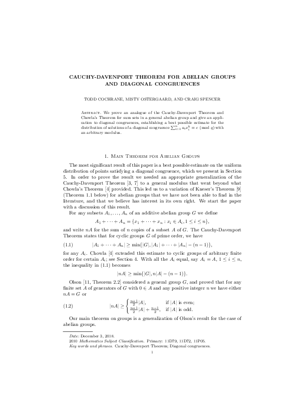 (PDF) Cauchy-Davenport Theorem for abelian groups and diagonal ...