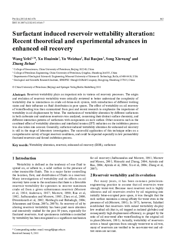 (PDF) Surfactant induced reservoir wettability alteration: Recent ...