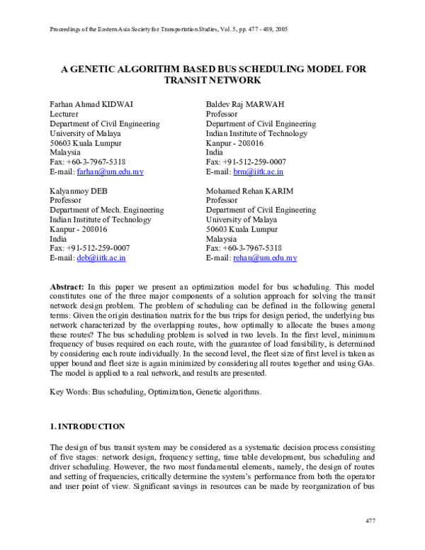 (PDF) A Genetic Algorithm Based Bus Scheduling Model for Transit Network | Ahmad Farhan Sadullah ...