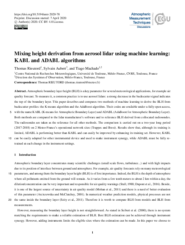 Pdf Mixing Height Derivation From Aerosol Lidar Using Machine Learning Kabl And Adabl Algorithms