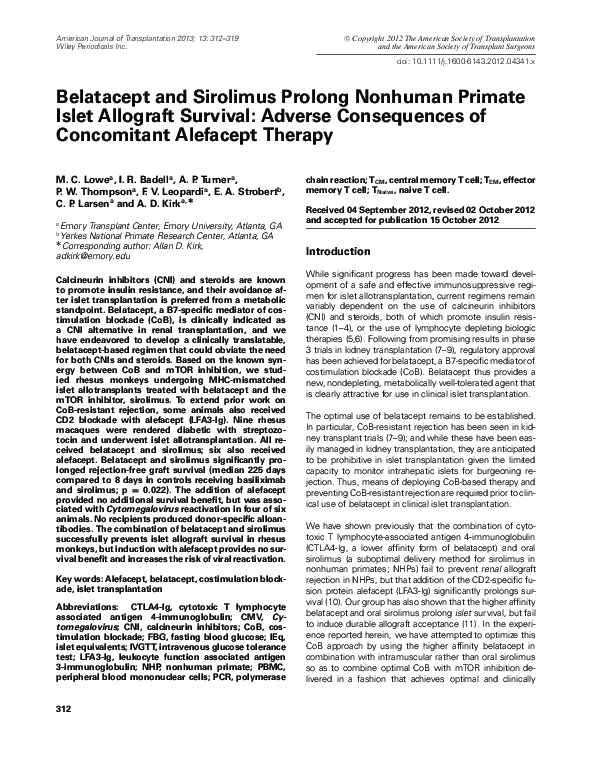 (PDF) Belatacept and Sirolimus Prolong Nonhuman Primate Islet Allograft ...