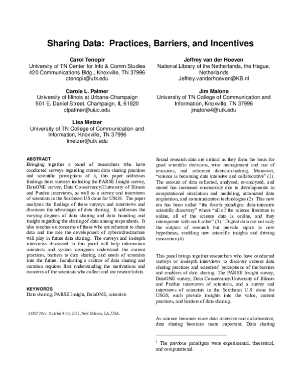 (PDF) Sharing data: Practices, barriers, and incentives