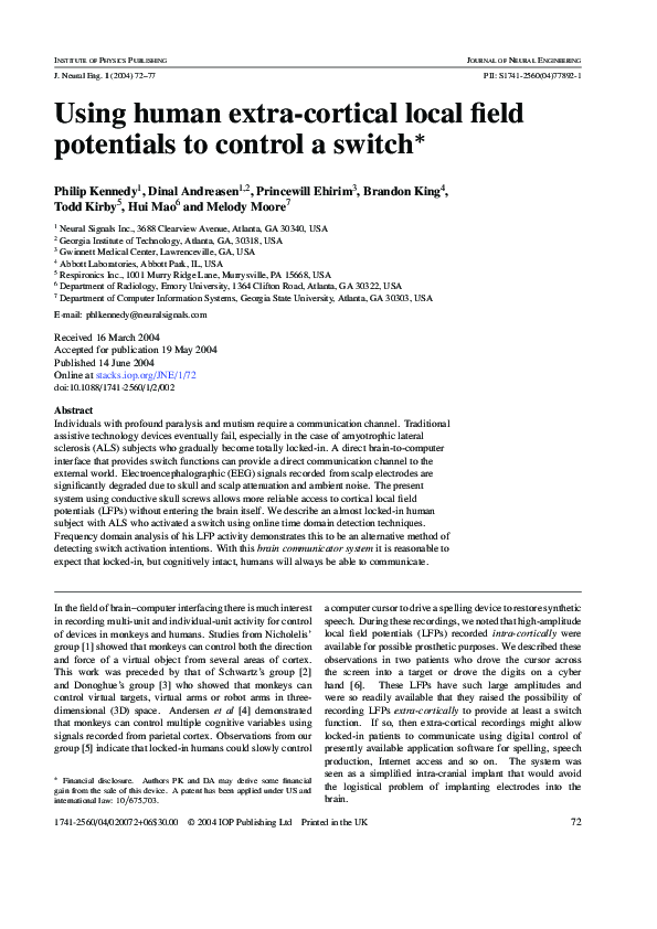 (PDF) Using human extra-cortical local field potentials to control a switch