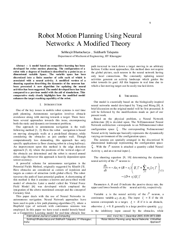 (PDF) Robot Motion Planning Using Neural Networks: A Modified Theory