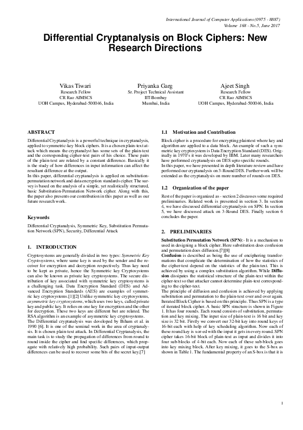 (PDF) Differential Cryptanalysis on Block Ciphers: New Research Directions