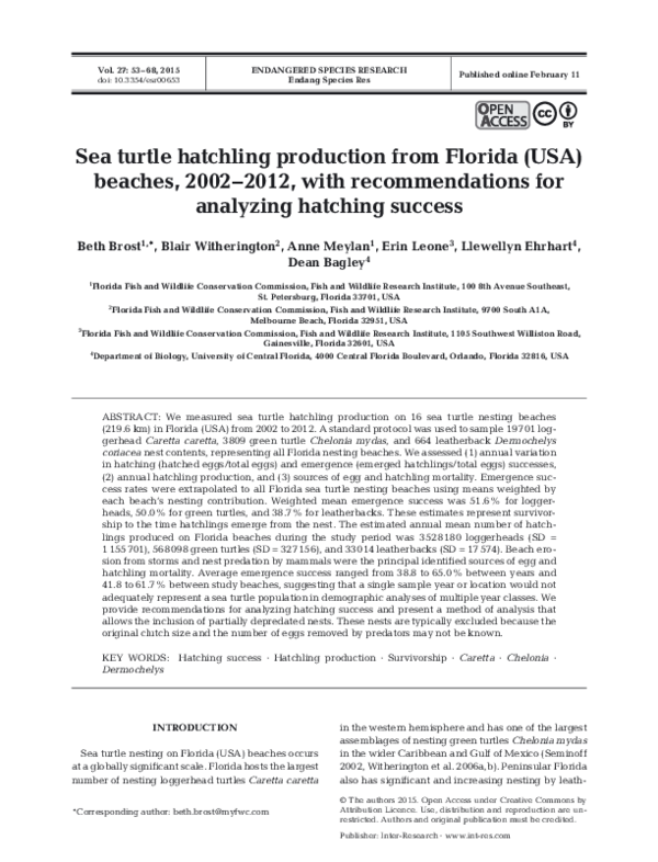 (PDF) Sea turtle hatchling production from Florida (USA) beaches, 2002 ...