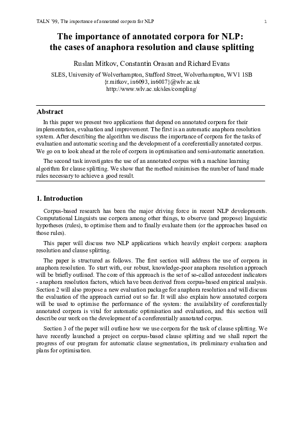 Pdf Annotated Corpora In Nlp Anaphora Resolution And Clause Splitting