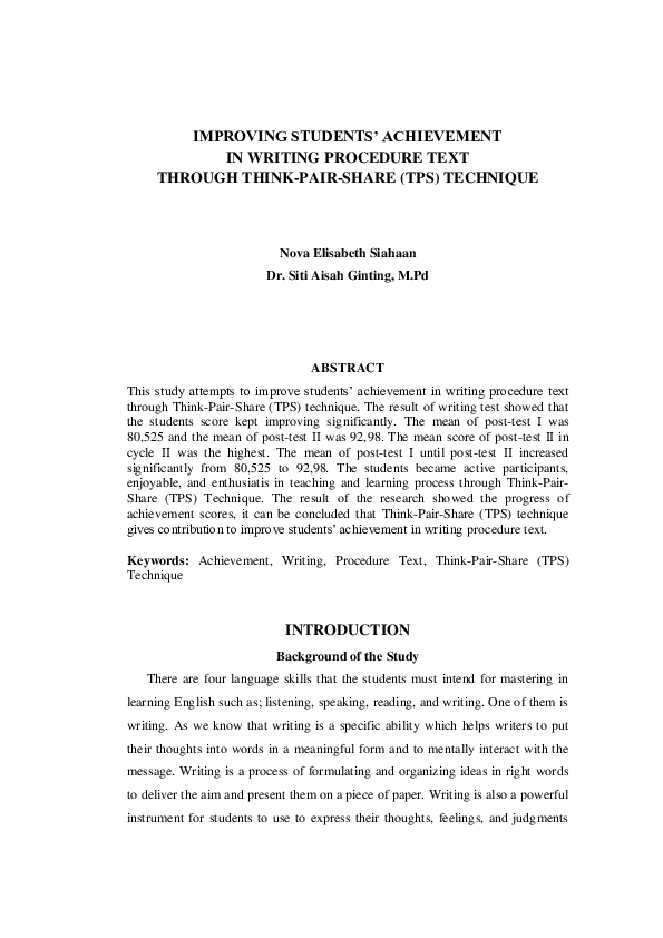 (PDF) Improving Students’ Achievement in Writing Procedure Text Through Think-Pair-Share (TPS ...