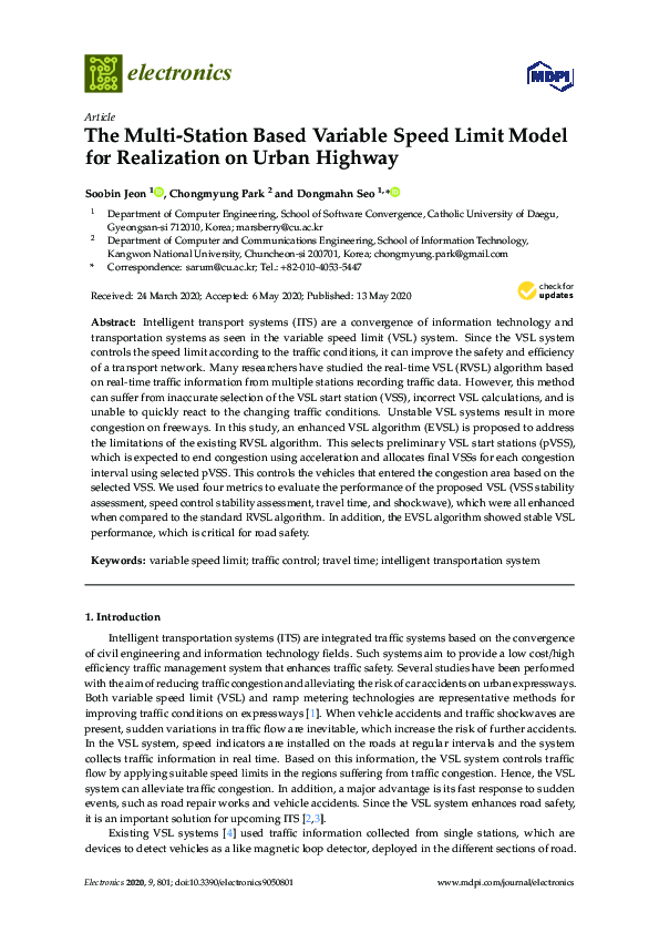 Pdf The Multi Station Based Variable Speed Limit Model For Realization On Urban Highway