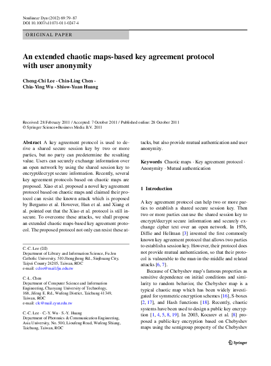 (PDF) An extended chaotic maps-based key agreement protocol with user ...