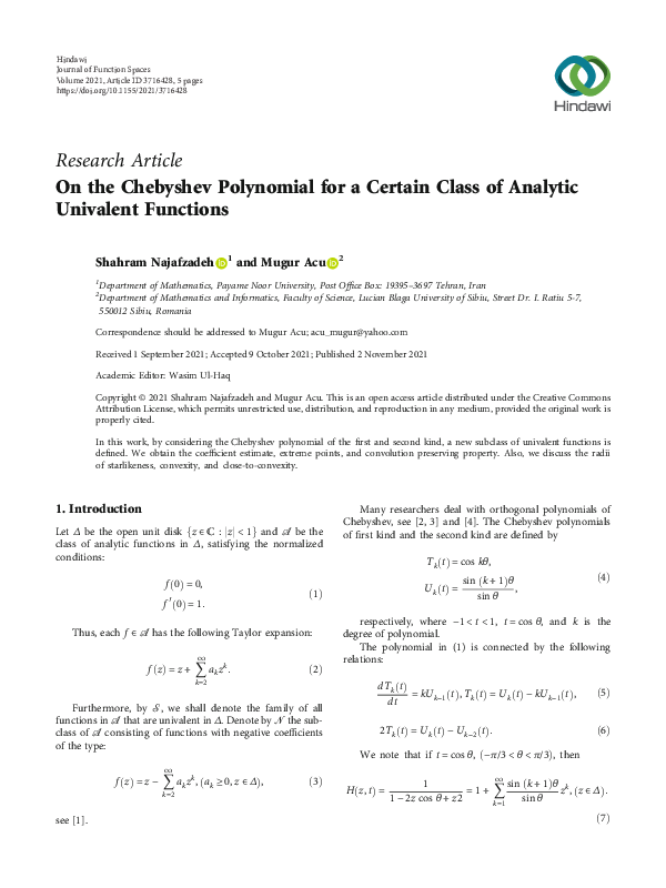Pdf On The Chebyshev Polynomial For A Certain Class Of Analytic Univalent Functions