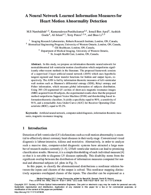 Pdf A Neural Network Learned Information Measures For Heart Motion Abnormality Detection Ali 