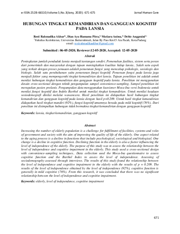 (PDF) Hubungan Tingkat Kemandirian Dan Gangguan Kognitif Pada Lansia