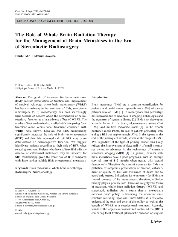 (PDF) The Role of Whole Brain Radiation Therapy for the Management of Brain Metastases in the ...