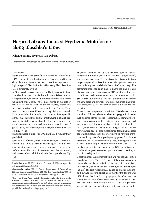 (PDF) Herpes Labialis-Induced Erythema Multiforme along Blaschko's Lines