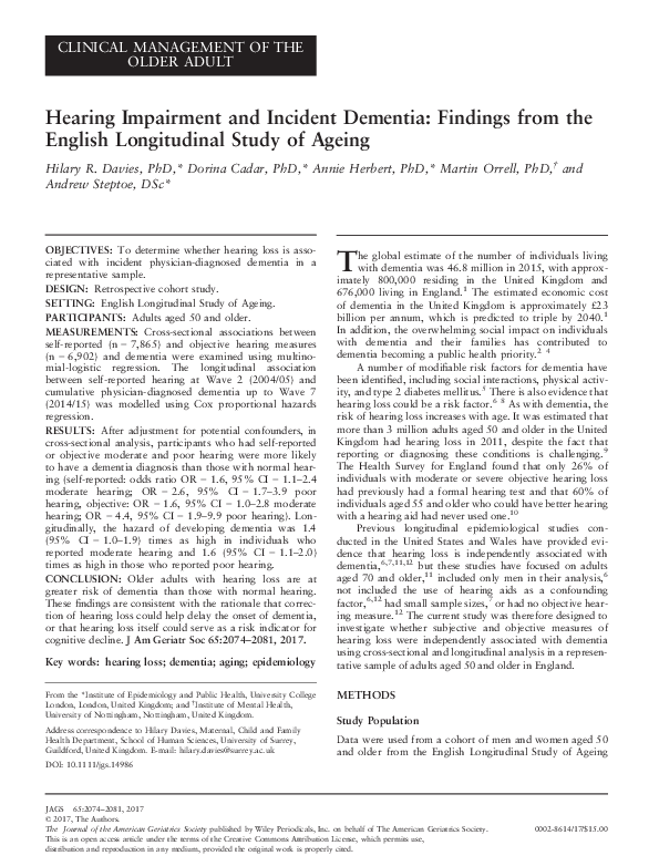 (PDF) Hearing Impairment and Incident Dementia: Findings from the ...
