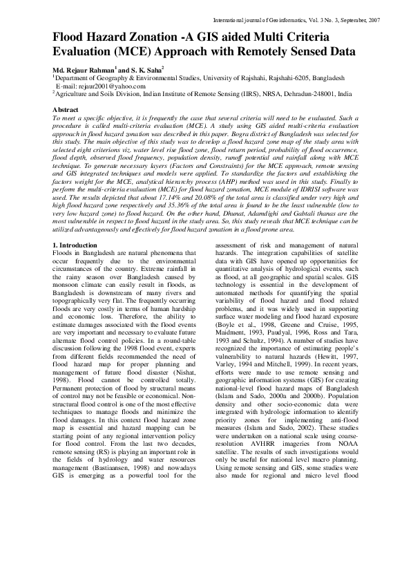 (PDF) Flood Hazard Zonation-A GIS aided Multi Criteria Evaluation (MCE) Approach with Remotely ...