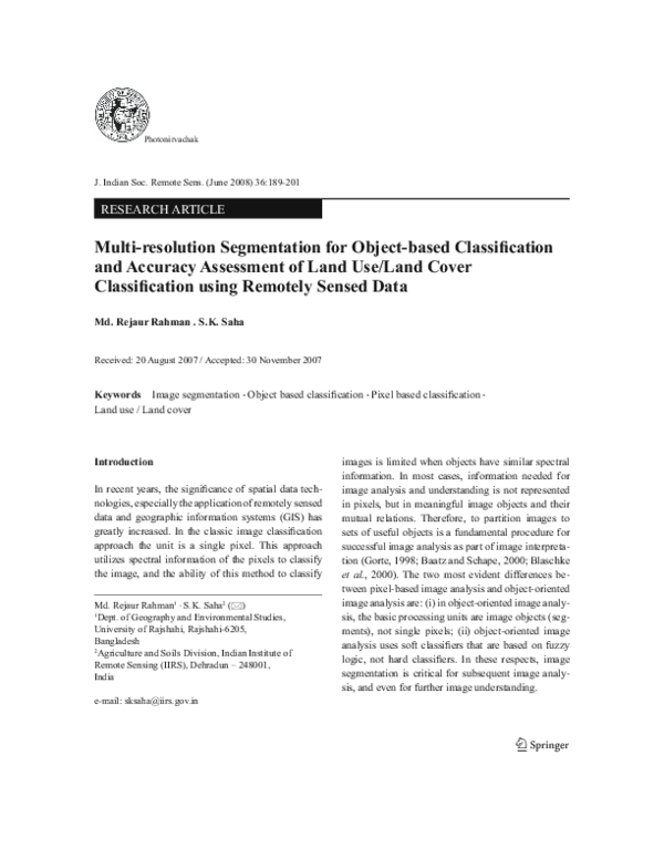 Pdf Multi Resolution Segmentation For Object Based Classification And Accuracy Assessment Of