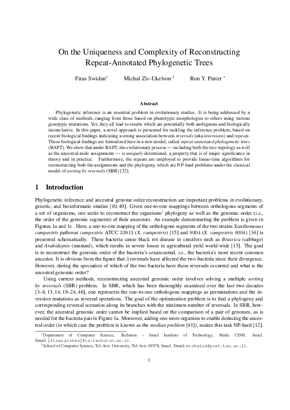 (PDF) On the Uniqueness and Complexity of Reconstructing Repeat-Annotated Phylogenetic Trees