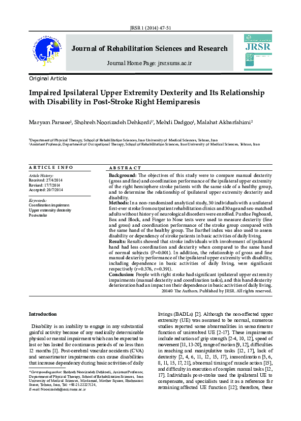 (PDF) Upper Extremity Dexterity Impairment and Disability in Right ...
