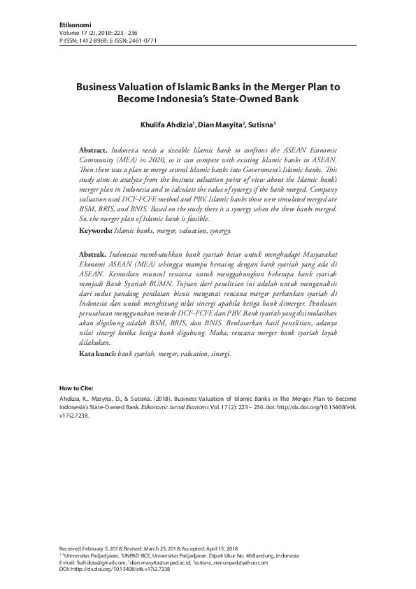 (PDF) Business Valuation of Islamic Banks in Merger Plan To Become An ...