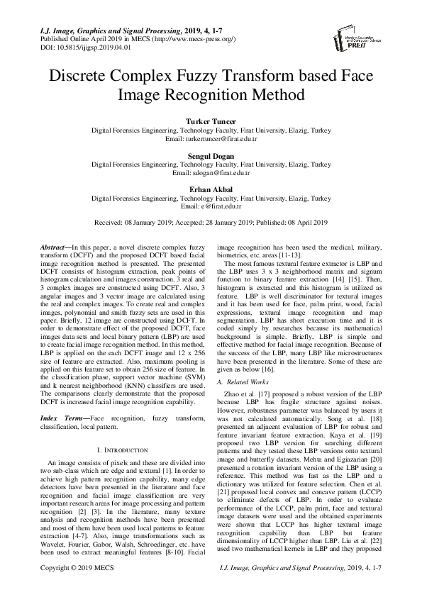 (PDF) Discrete Complex Fuzzy Transform based Face Image Recognition Method