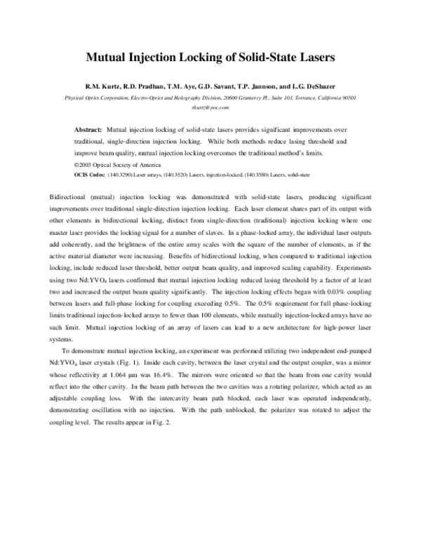 (PDF) Mutual injection locking of solid-state lasers | Ranjit Pradhan - Academia.edu