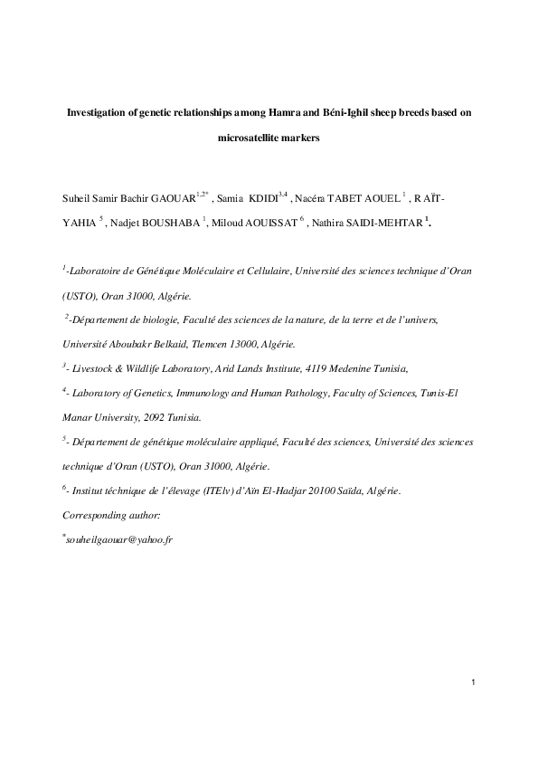 (PDF) Investigation of genetic relationships among Hamra and Béni-Ighil sheep breeds based on ...