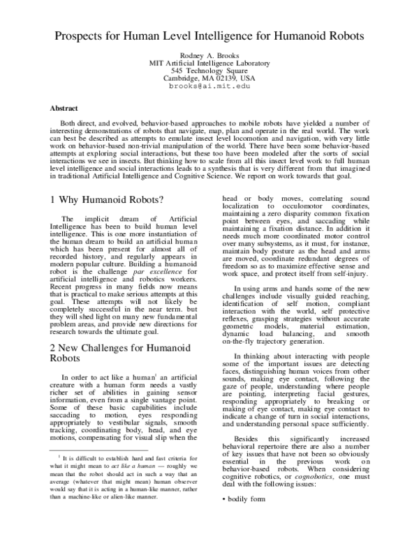 (PDF) Prospects for human level intelligence for humanoid robots