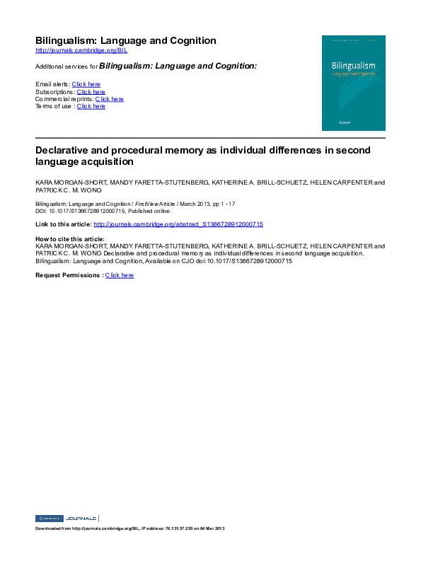 (PDF) Declarative and procedural memory as individual differences in second language acquisition