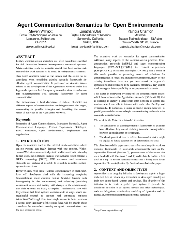 (PDF) Agent Communication Semantics for Open Environments: Issues and Challenges