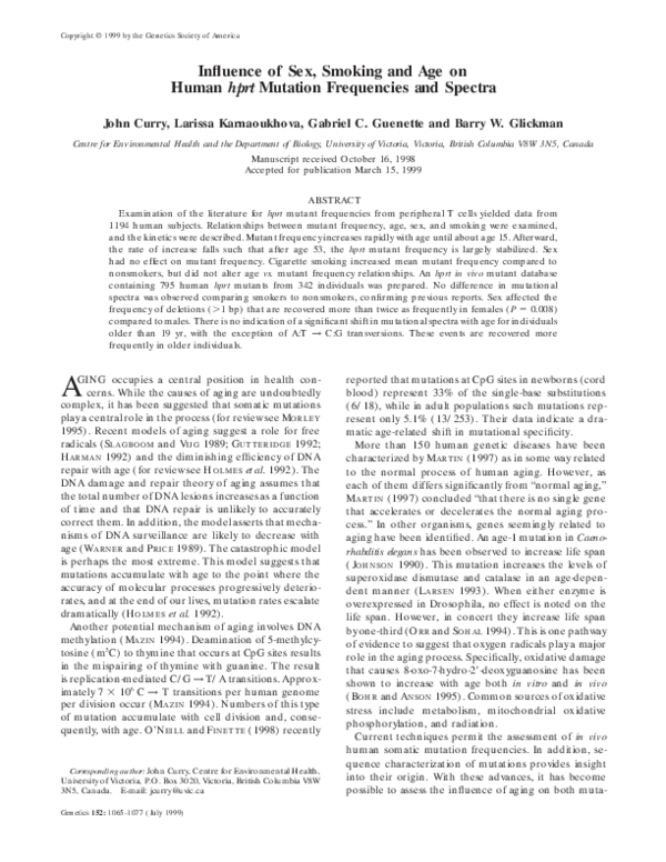 Pdf Influence Of Sex Smoking And Age On Human Hprt Mutation Frequencies And Spectra