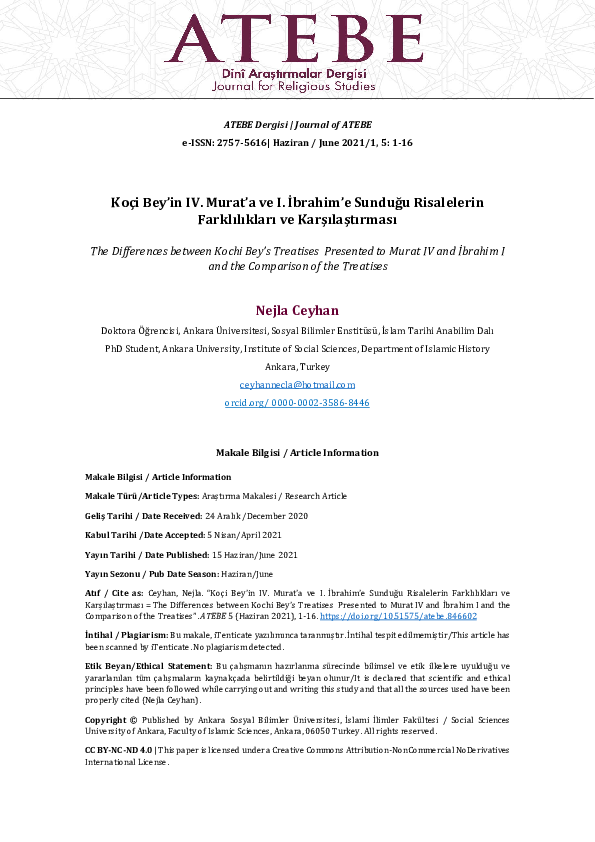 (PDF) Araştırma Makalesi / Koçi Bey’in IV. Murat’a ve I. İbrahim’e ...