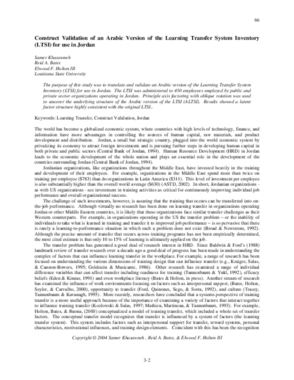(PDF) Construct Validation of an Arabic Version of the Learning Transfer System Inventory (LTSI ...