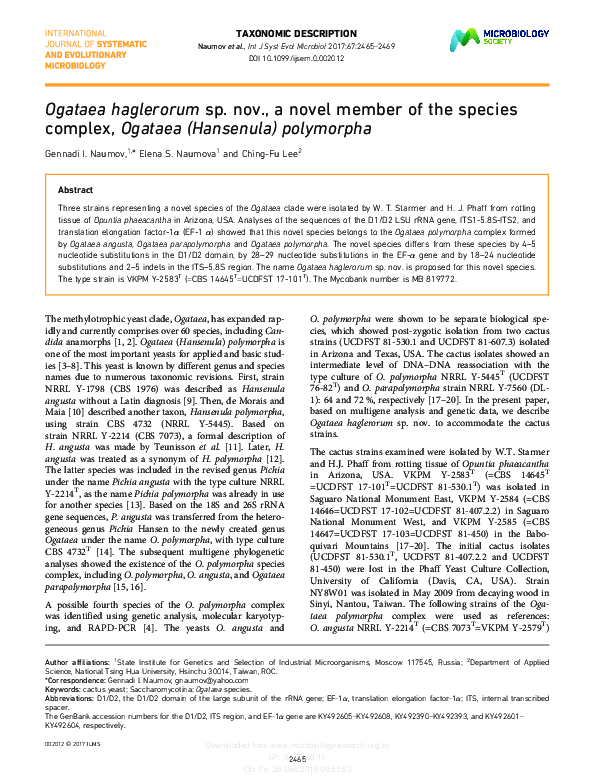 (PDF) Ogataea haglerorum sp. nov., a novel member of the species ...