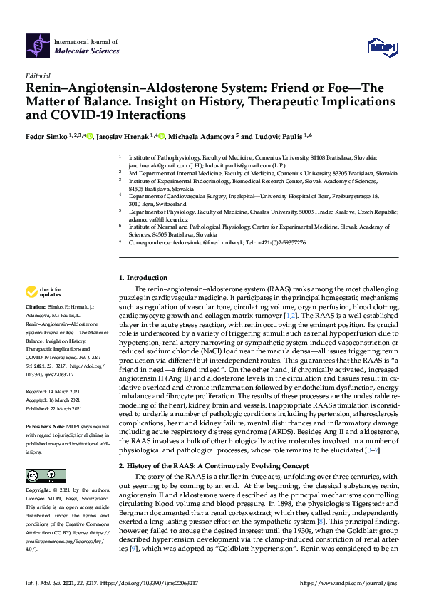 (PDF) Renin–Angiotensin–Aldosterone System: Friend or Foe—The Matter of ...