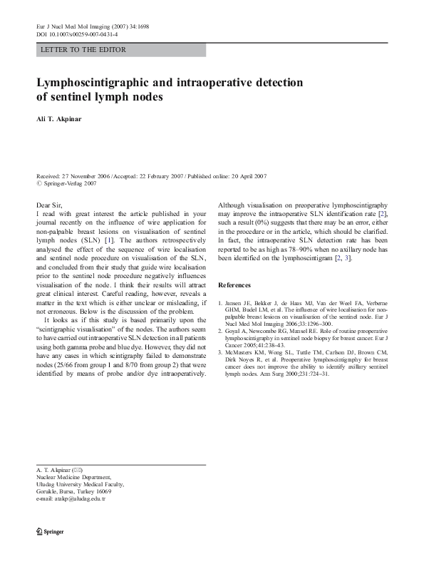 (PDF) Lymphoscintigraphic and intraoperative detection of sentinel ...