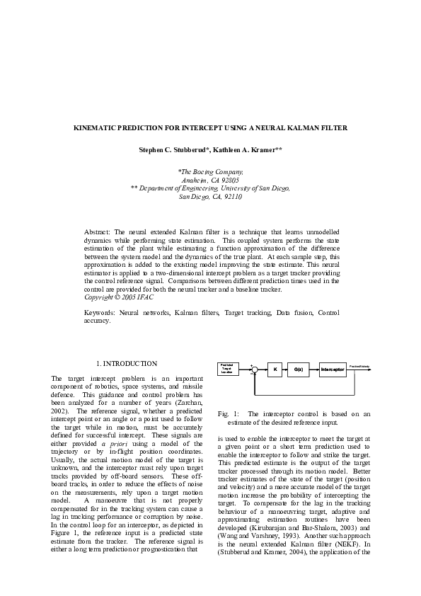 Pdf Kinematic Prediction For Intercept Using A Neural Kalman Filter